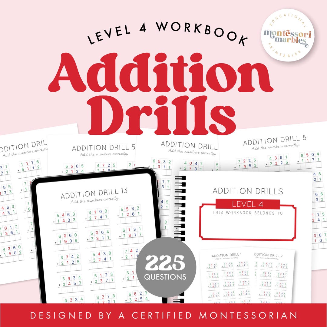 Addition Drills Level 4 Workbook | Four-digit Math Practice PDF Ages 7 ...