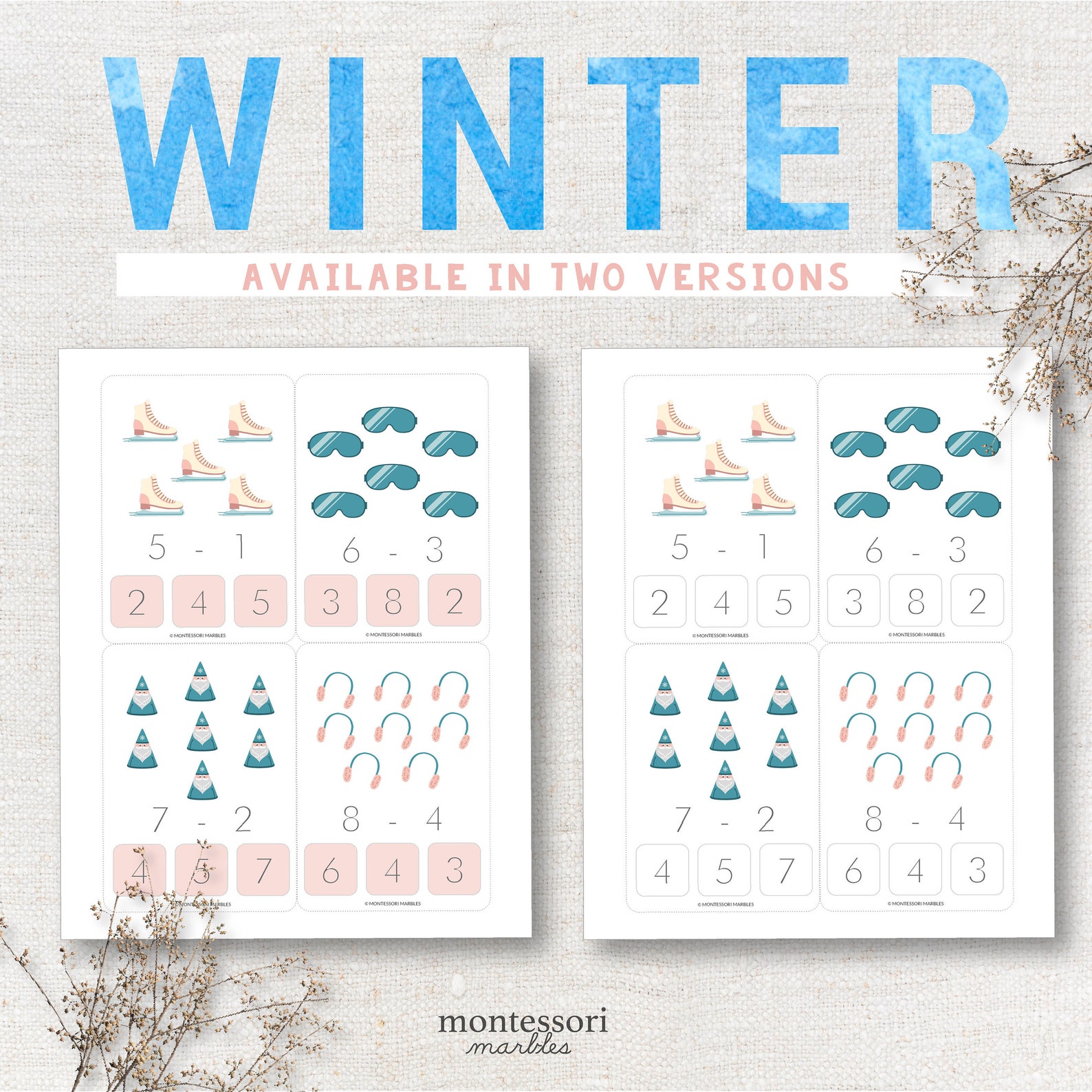 WINTER Subtraction Clip Cards Math Printable Kindergarten - Etsy