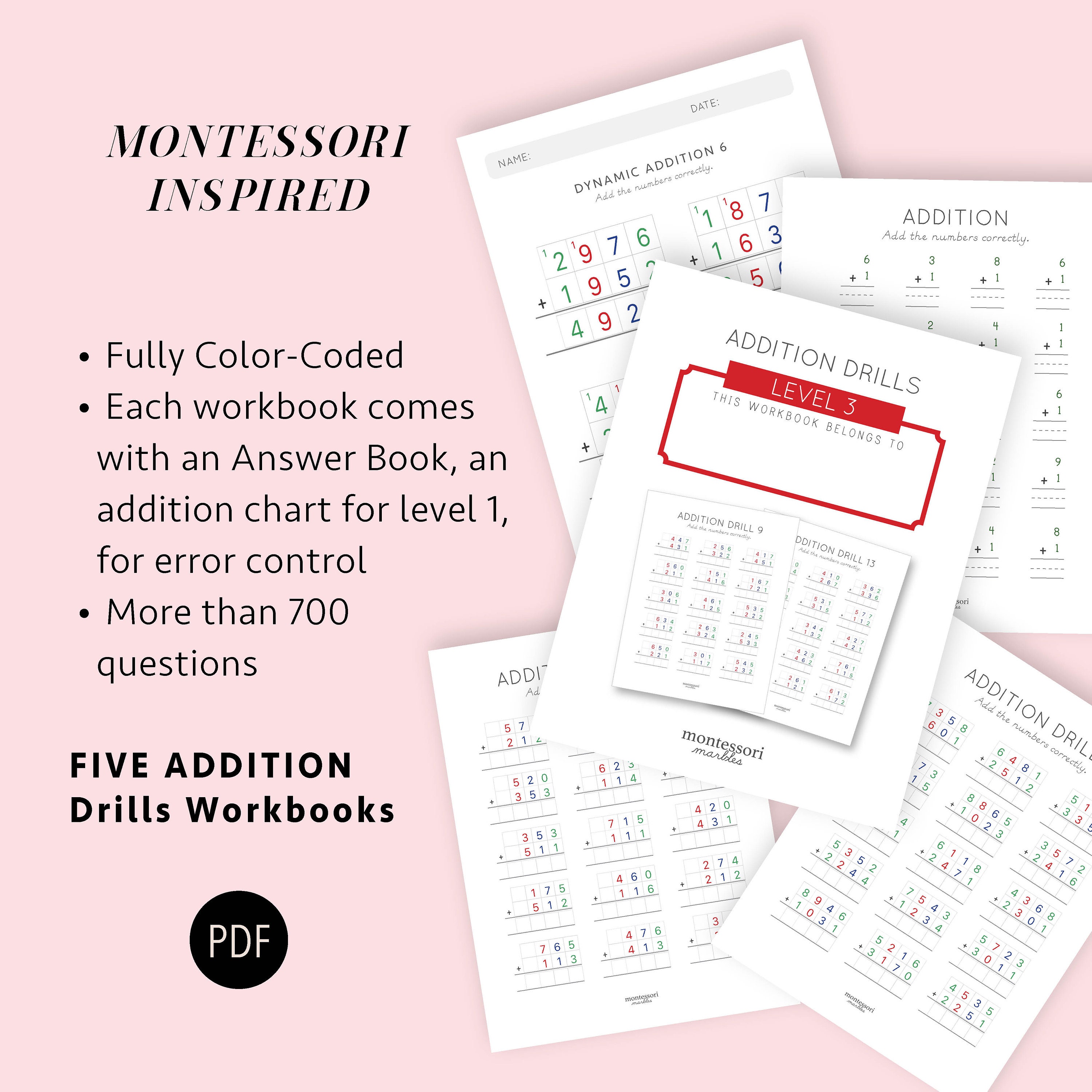 MONTESSORI MATH ADDITION Drill Workbook Bundle Self-paced Math ...