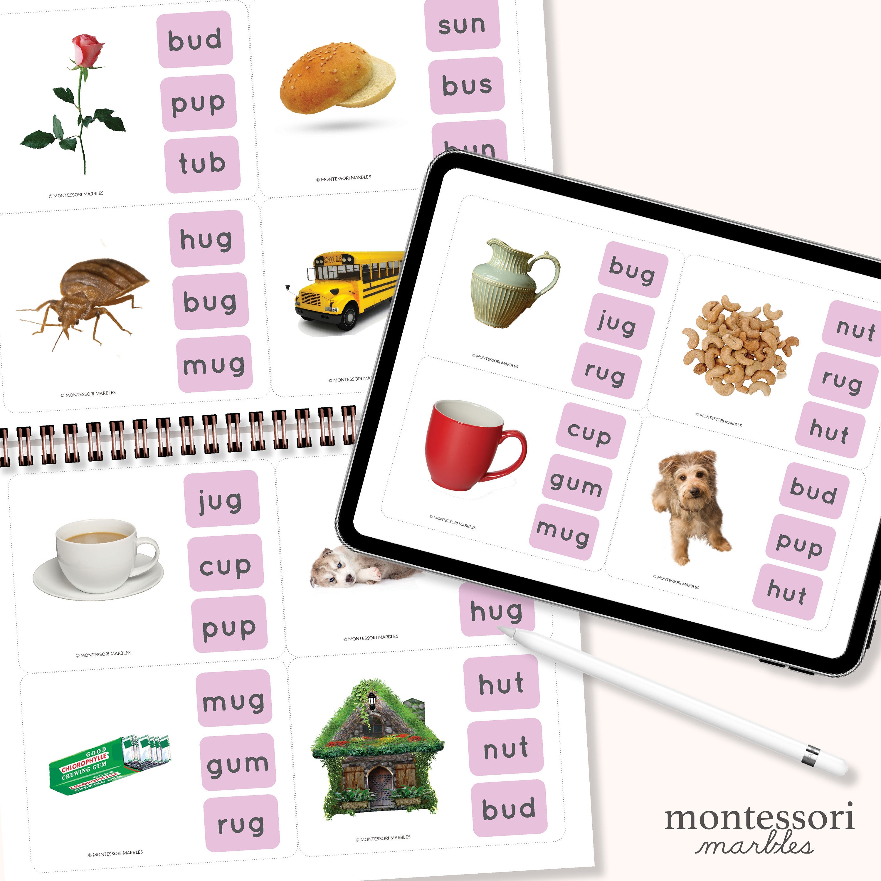 Montessori Pink Series Name the Objects SHORT U Flash Card Printable ...