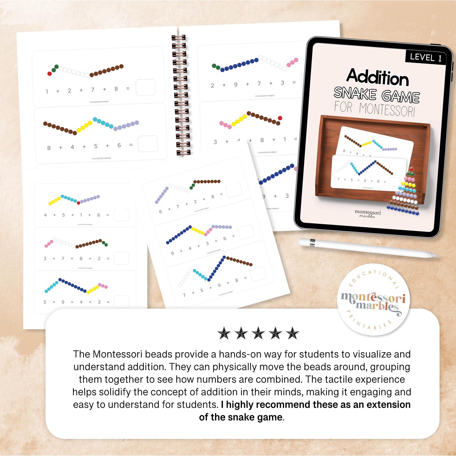 Snake Game Addition Workbook | 30 Problems Montessori Bead Bar Math ...