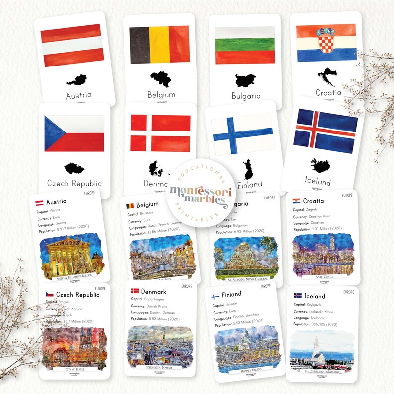 Europe Country Fact Cards | Montessori Geography Learning | Watercolor ...