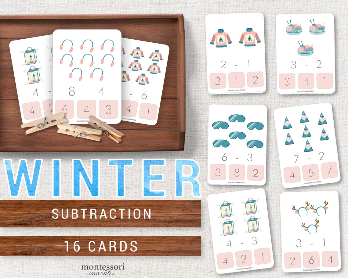WINTER Subtraction Clip Cards Math Printable Kindergarten - Etsy