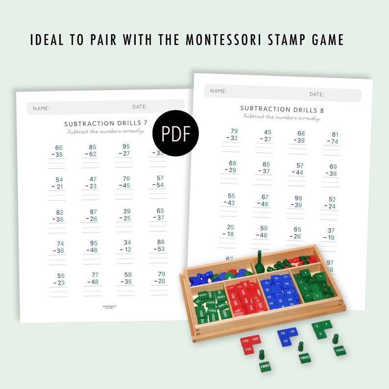 Level 2 Montessori Math, Subtraction Drills, Stamp Game, Two-digit ...