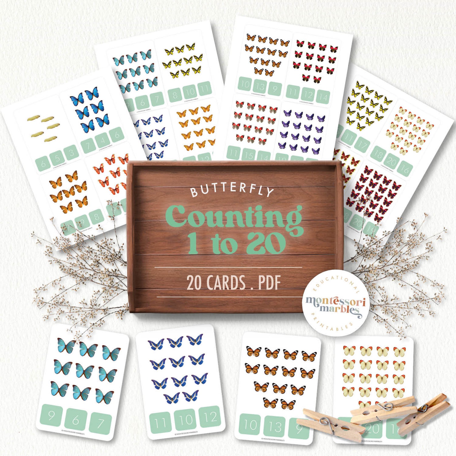 BUTTERFLY Counting 1 to 20 Kindergarten Math Learn to Count Montessori ...