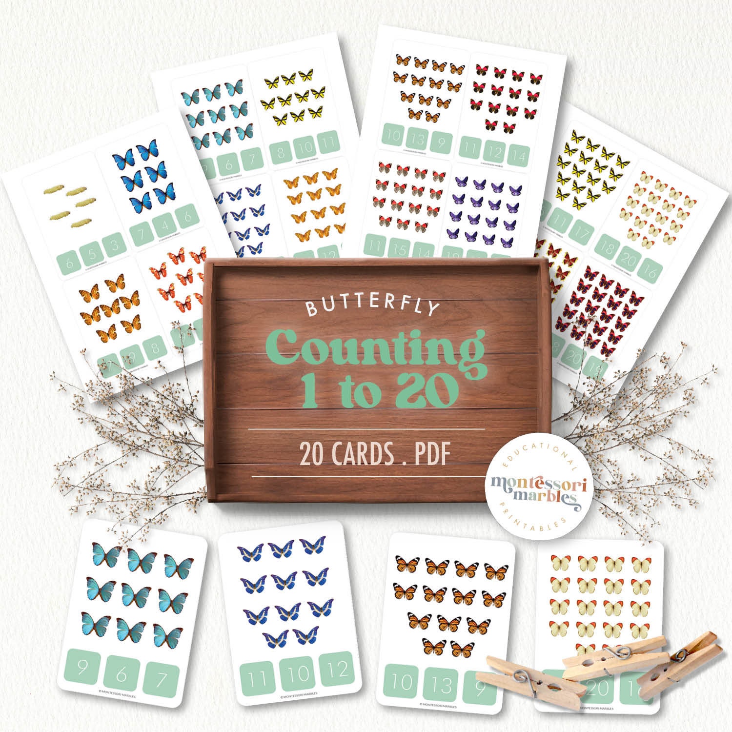 BUTTERFLY Counting 1 to 20 Kindergarten Math Learn to Count Montessori ...