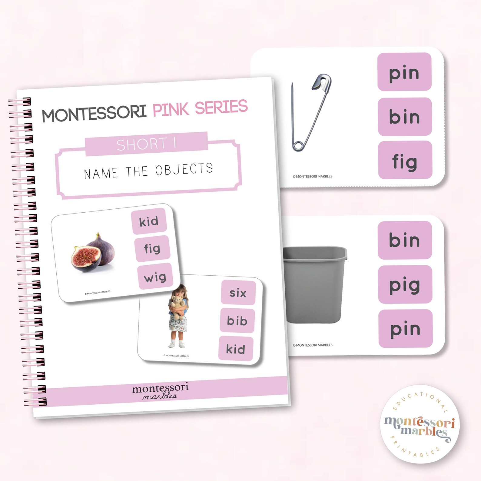 Montessori Pink Series Name the Objects SHORT I Flash Card Printable ...