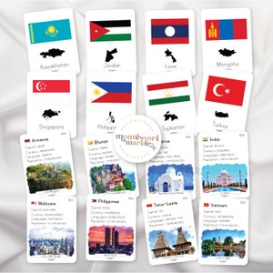 ASIA Fact Cards With Watercolor Painting of Landmarks Montessori ...