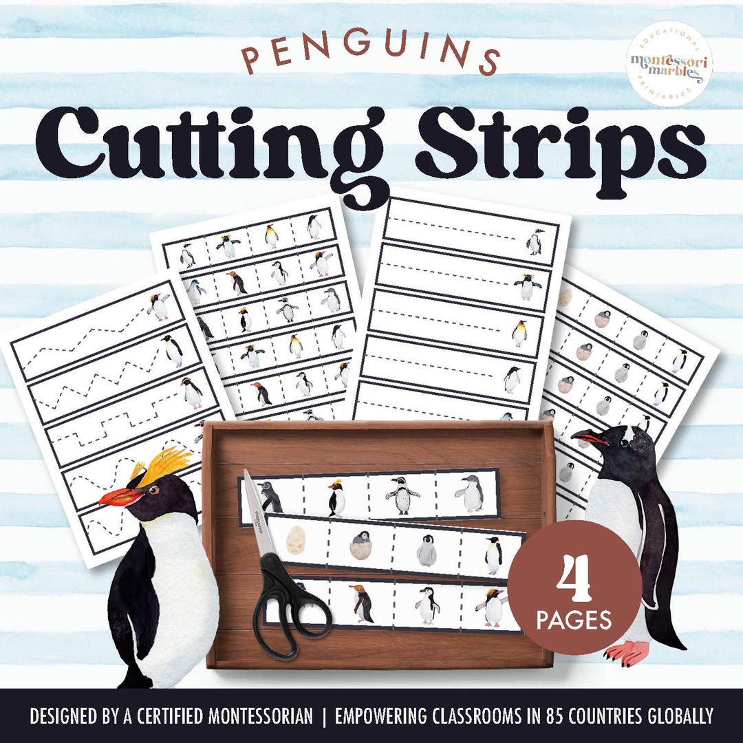 Penguins Cutting Strips | Montessori Science | Fine Motor Scissor ...