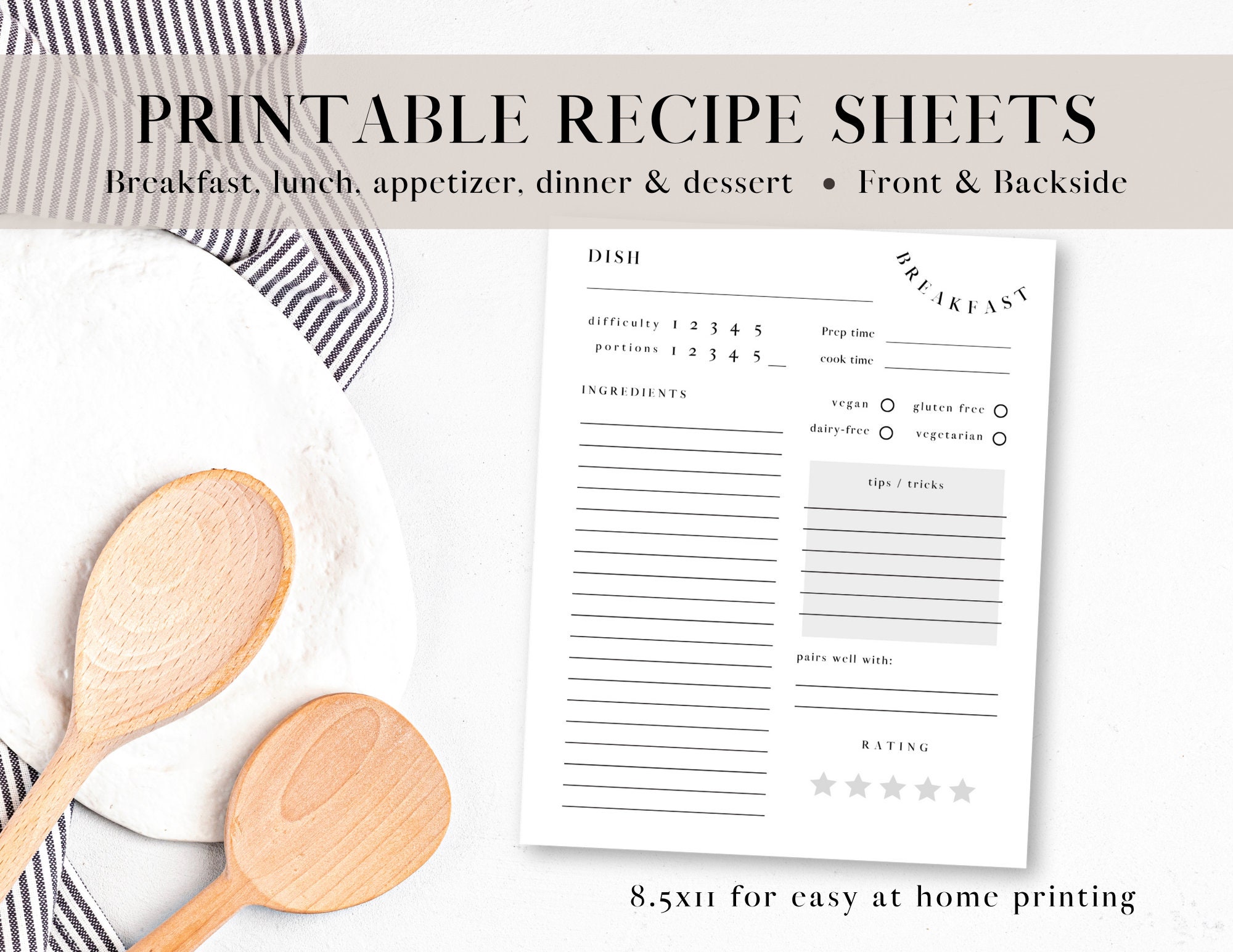 Digital Printable Recipe Sheets, Recipe Cards, Printable Recipe Cards ...