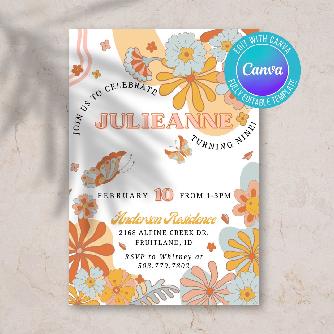 Digital Flower Invite, Funky Flower Invite, Girly Invite, Funky Girly ...