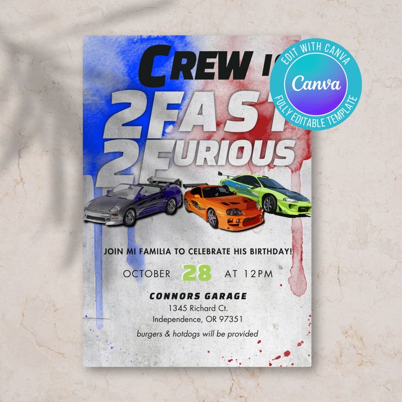 Digital Two Fast Two Furious Invite, 2 Fast 2 Furious, Two Fast Two ...