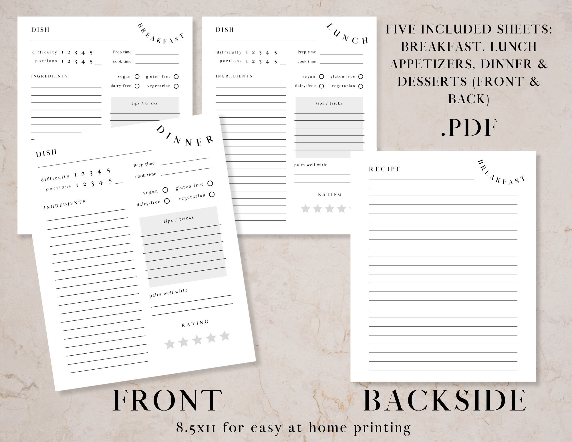 Digital Printable Recipe Sheets, Recipe Cards, Printable Recipe Cards ...