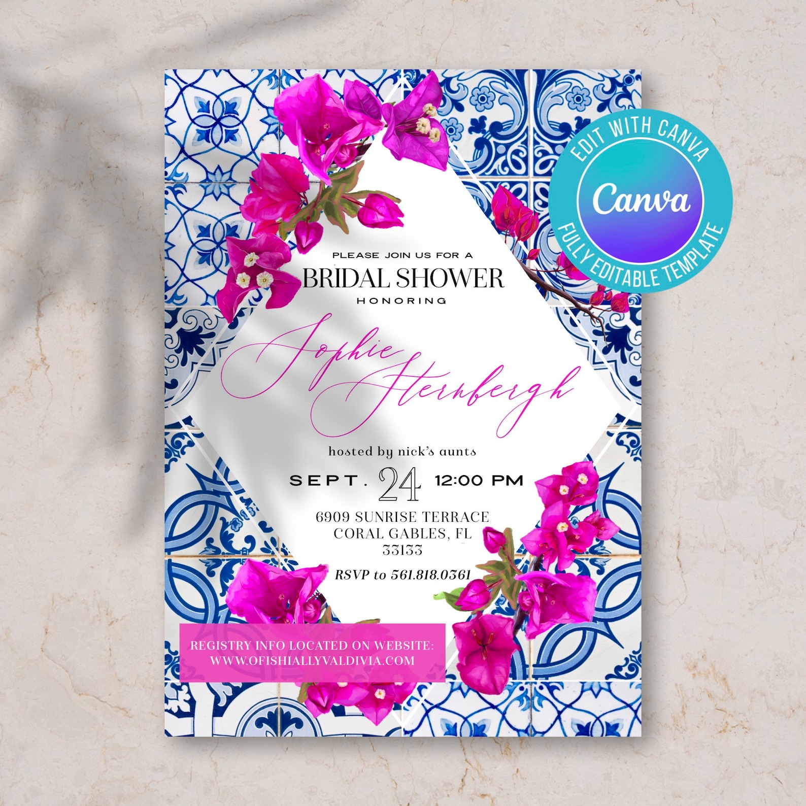 Digital Greek Bridal Shower Invite, Bougainvillea, Blue Tile, Baby ...