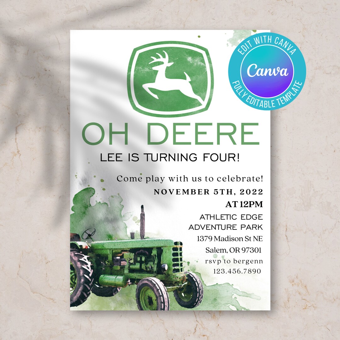 Digital Tractor Birthday Invitation, Boy Birthday, Oh Deere, John Deere ...