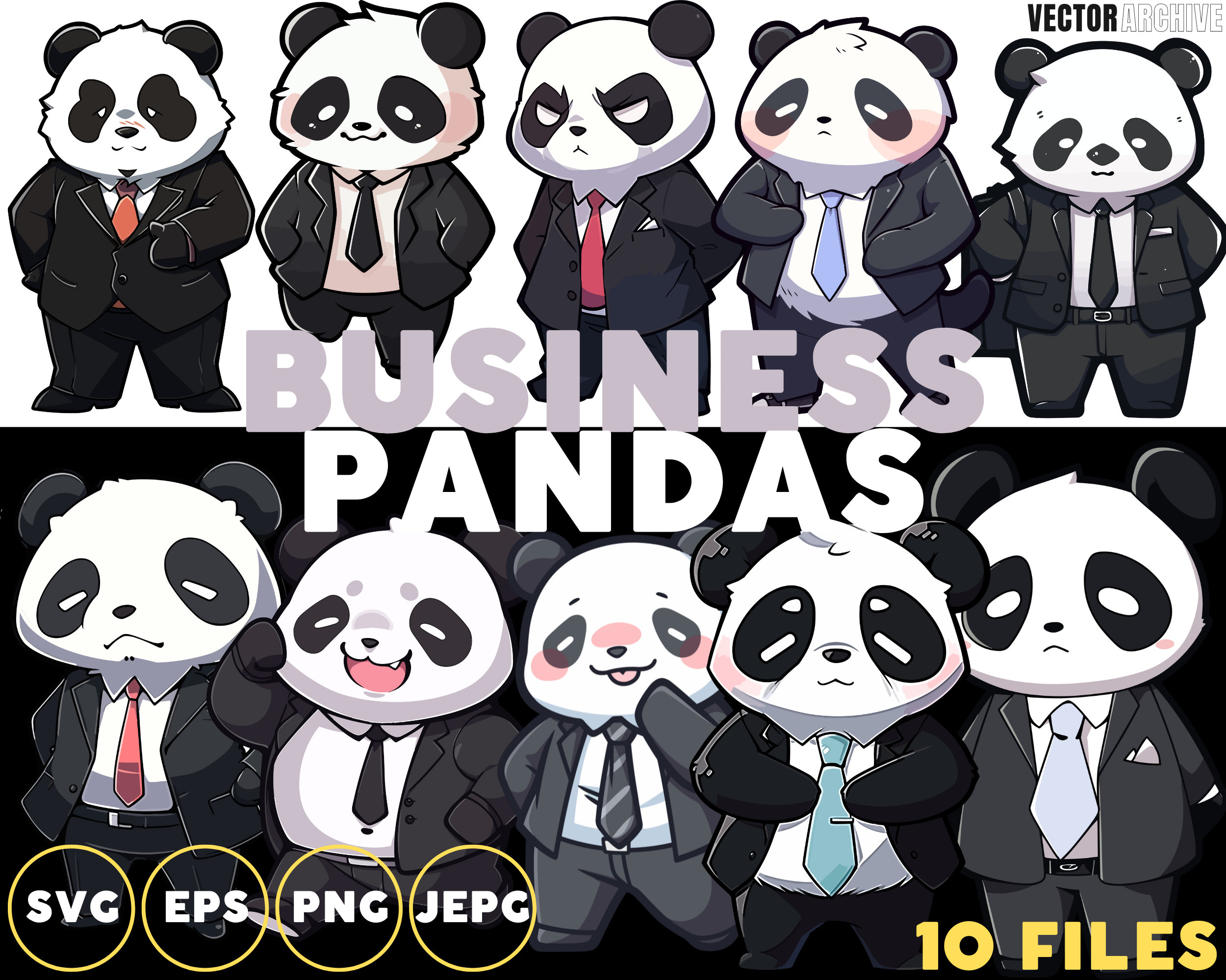 Business Pandas Clipart Set Bundle Cute Smart Pandas Sticker Pack Wall ...