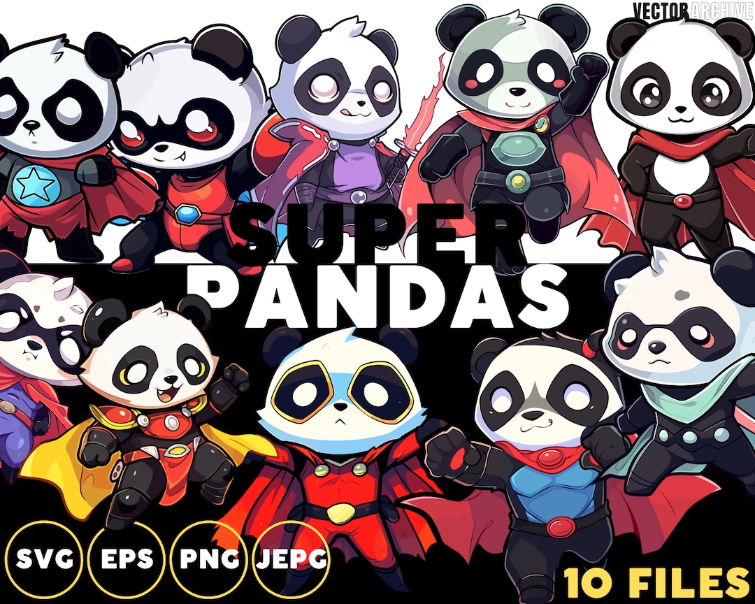 Superhero Pandas Clipart Set Bundle Cute Hero Pandas Sticker Pack Wall ...