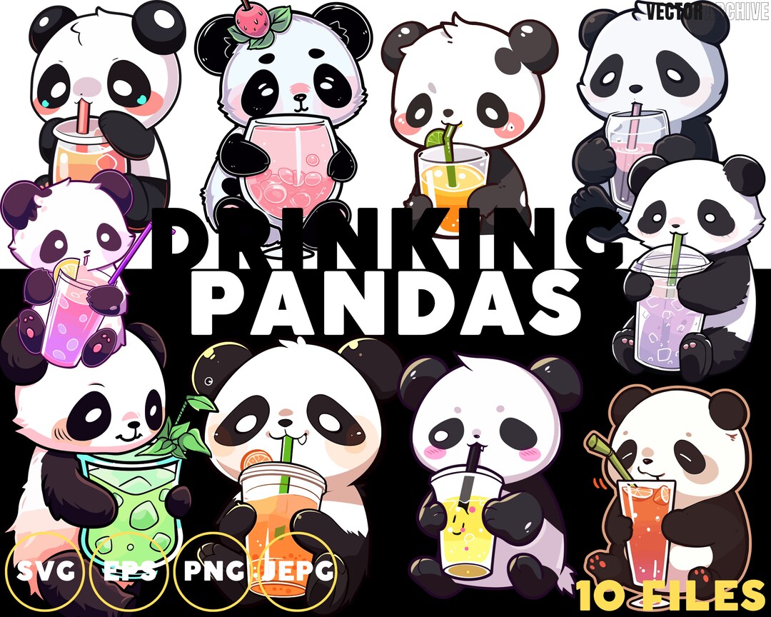 Drinking Pandas Clipart Set Bundle Cute Thirsty Panda Sticker Pack Wall ...