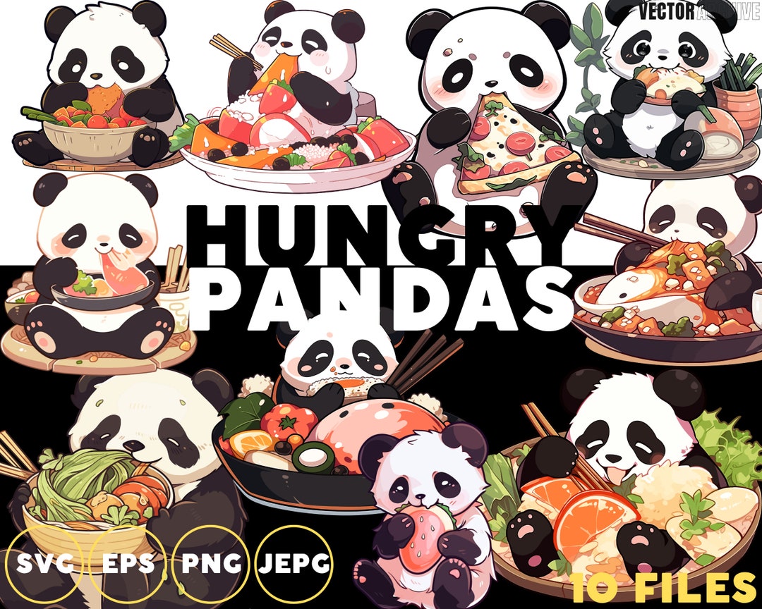 Hungry Pandas Clipart Set Bundle Cute Pandas Eating Sticker Pack Wall ...