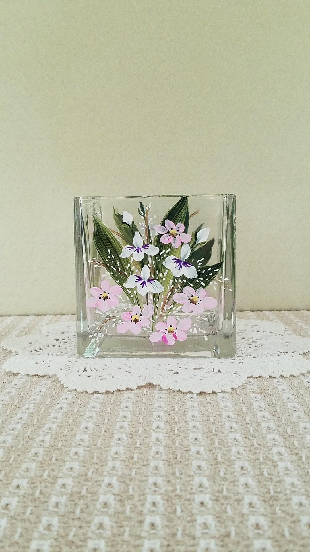 Square Glass Candle Holder. Hand Painted. White and Pink Garden Flowers ...