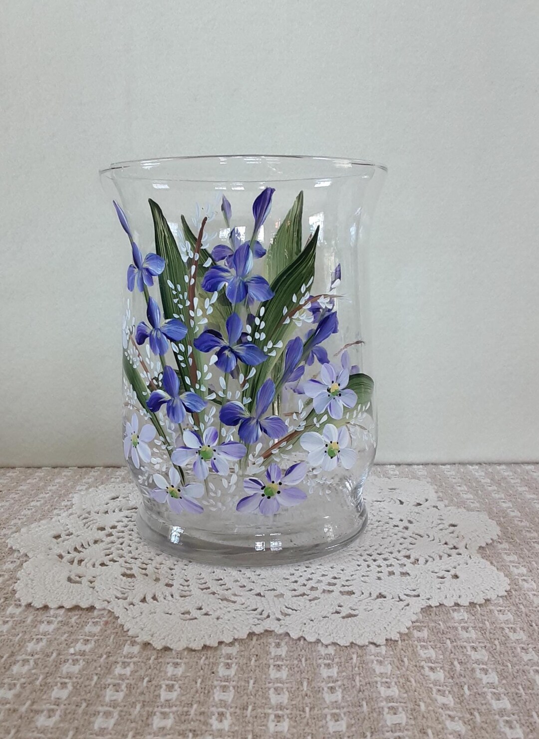 Medium Glass Hurricane Vase. Hand Painted. Purple, Lavender and White ...