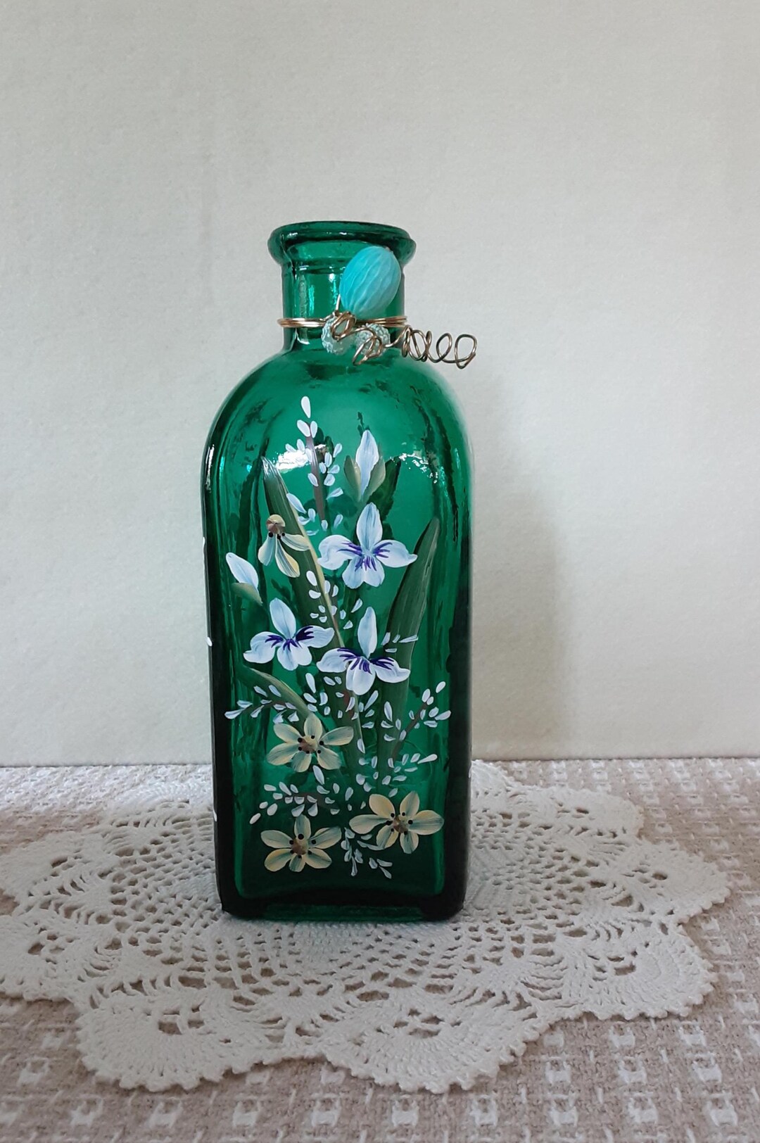 Vintage Glass Vase. Small Vase. Hand Painted Vase. Turquoise Vase. Hand ...