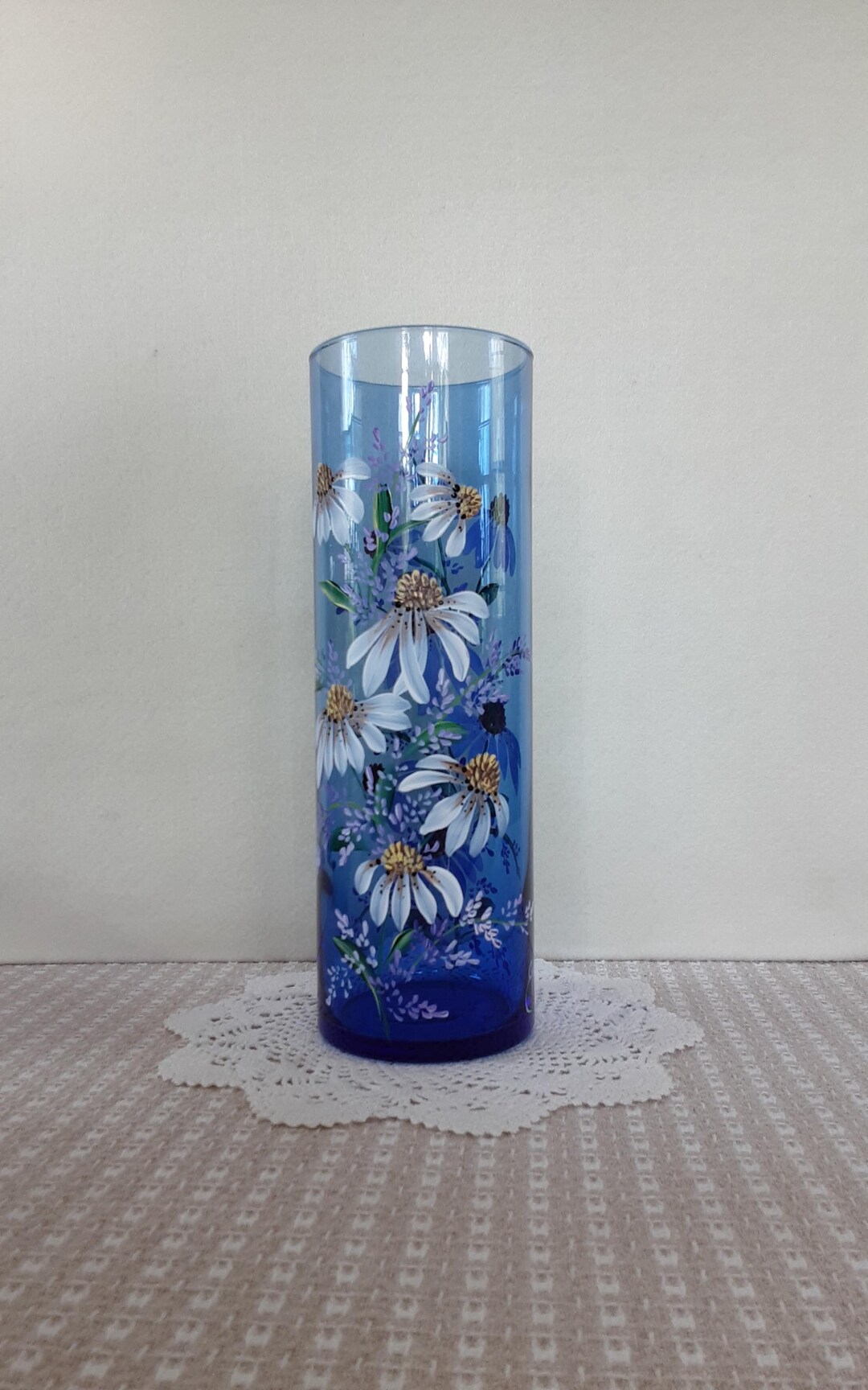 Large Cobalt Blue Cylinder Vase. Hand Painted Front and Back. Daisies ...