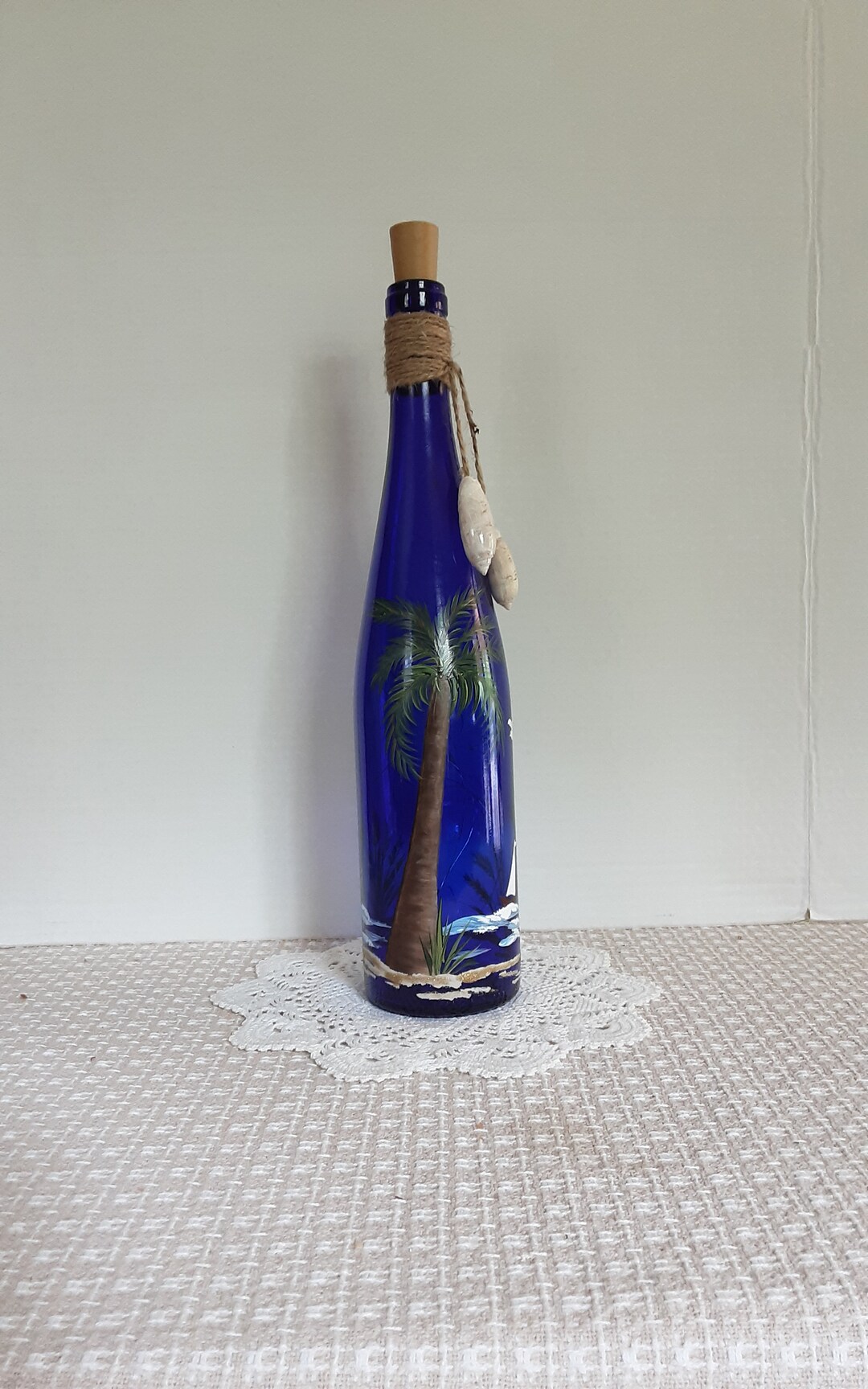 Hand Painted Cobalt Blue Wine Bottle. Palm Tree on Beach. Lights Up. - Etsy