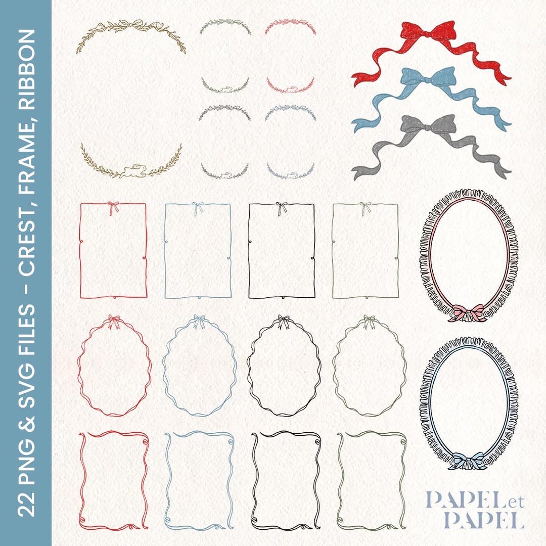 Hand-drawn Crest Frame Clipart, Ribbon Bows (PNG, SVG) - Etsy