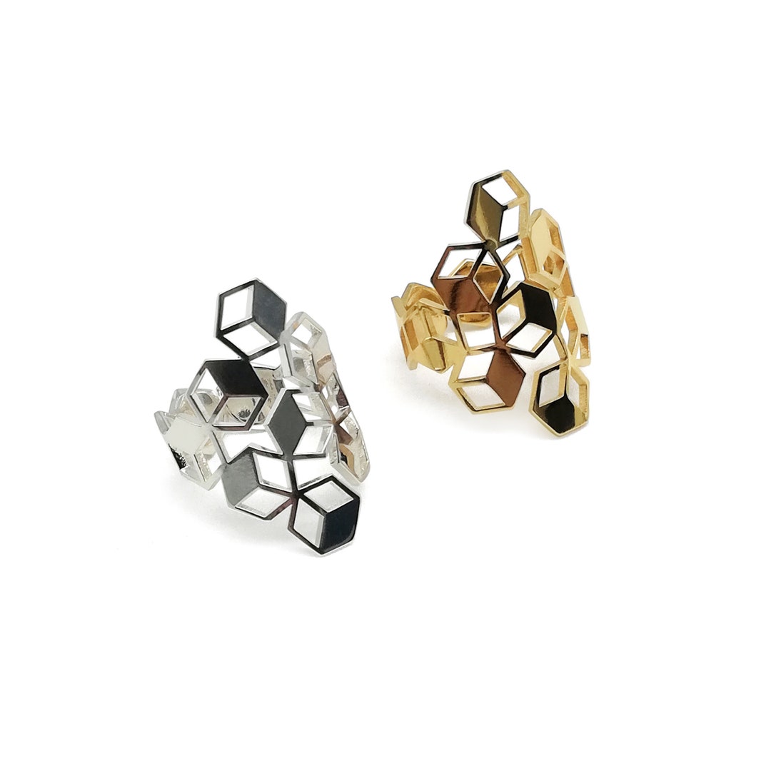 3D Effect, Optical Illusion KEPLER Cubes Long Adjustable Ring Gold ...