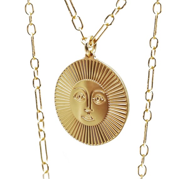 Sun With Face Medallion Gold or Silver Necklace Sunlight Medal | Etsy