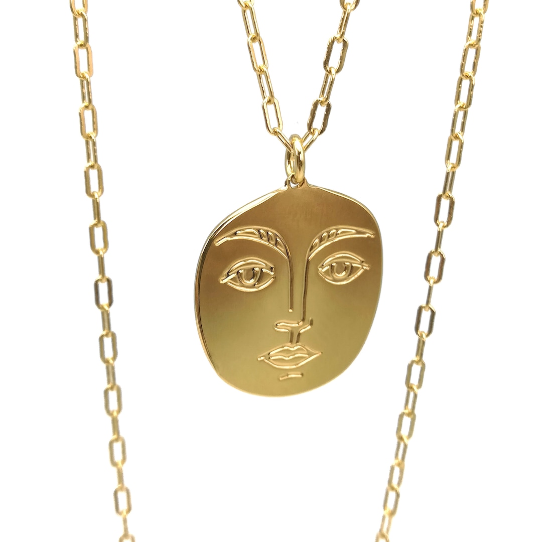 Necklace EVA With a Face Medallion, Picasso Style Line Art, Gold Plated ...
