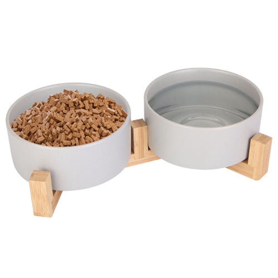 Double 28.7oz Ceramic Pet Bowls Dog Cat Bowls With Wooden Stand Raised ...