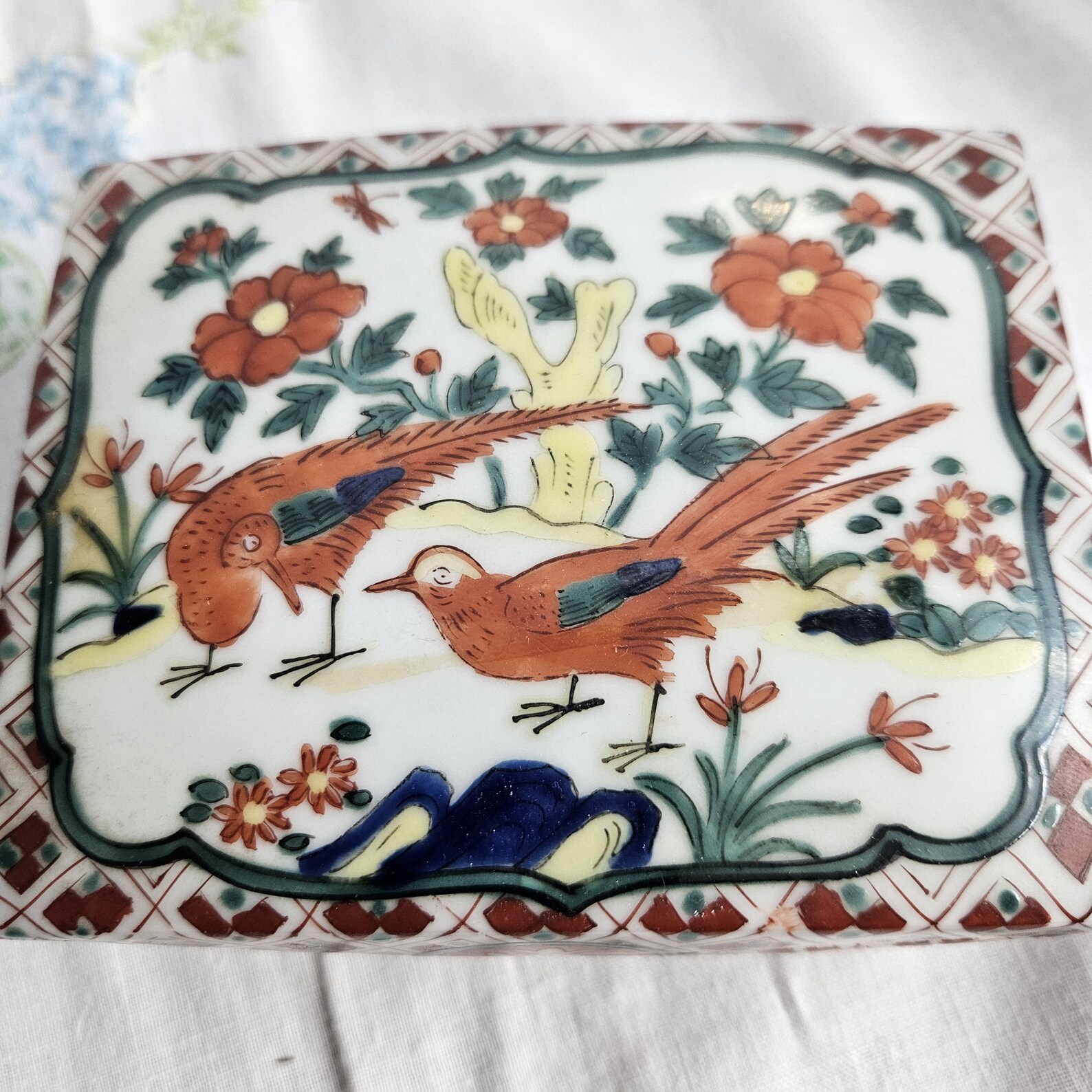 Vintage Asian Porcelain Trinket Box Hand Painted Birds Pheasants ...