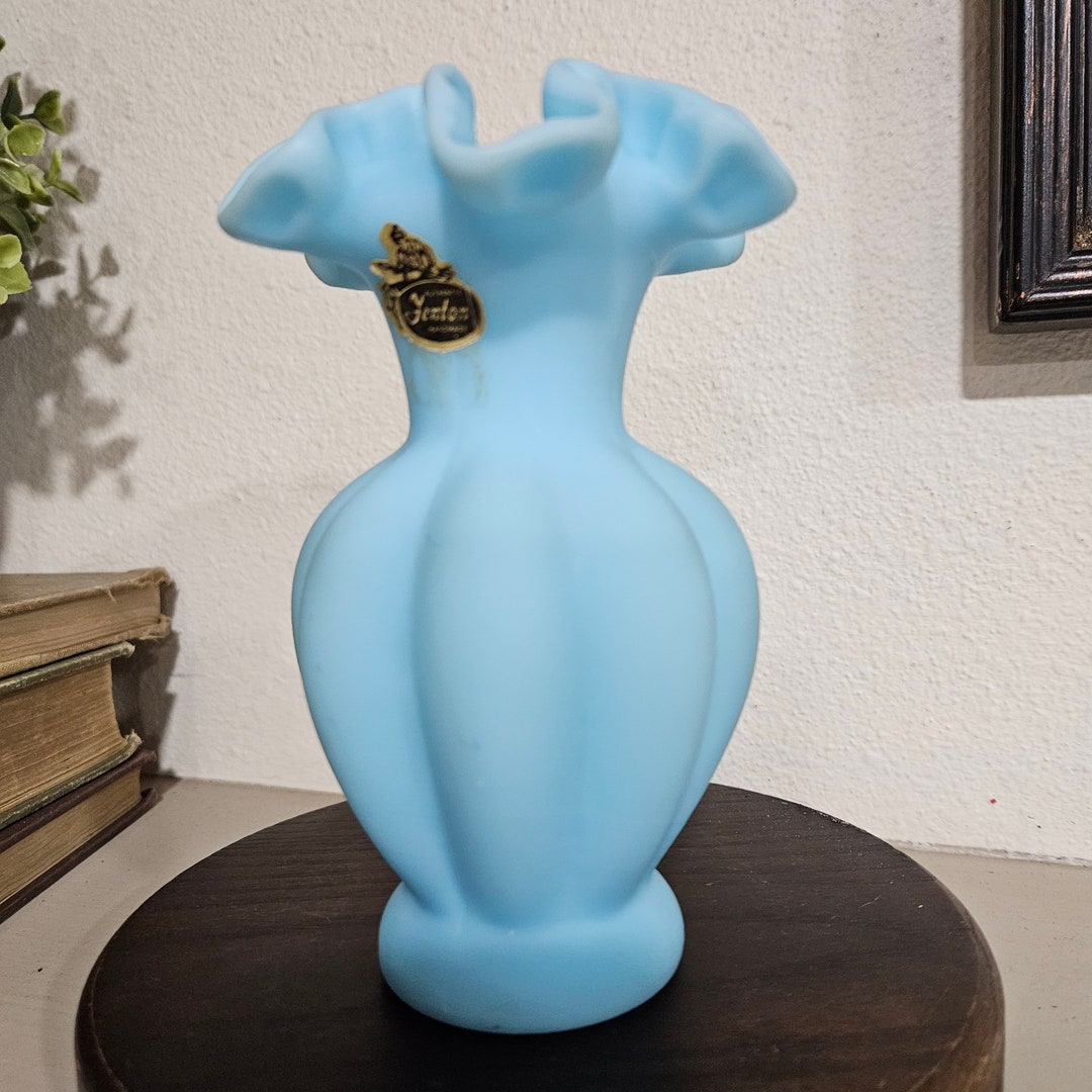 Vintage Fenton Blue Satin Glass Ruffle Vase Original Sticker 6" - Etsy