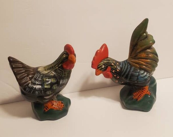Vintage Small Ceramic Chicken and Rooster Figurines Hand Painted Black ...