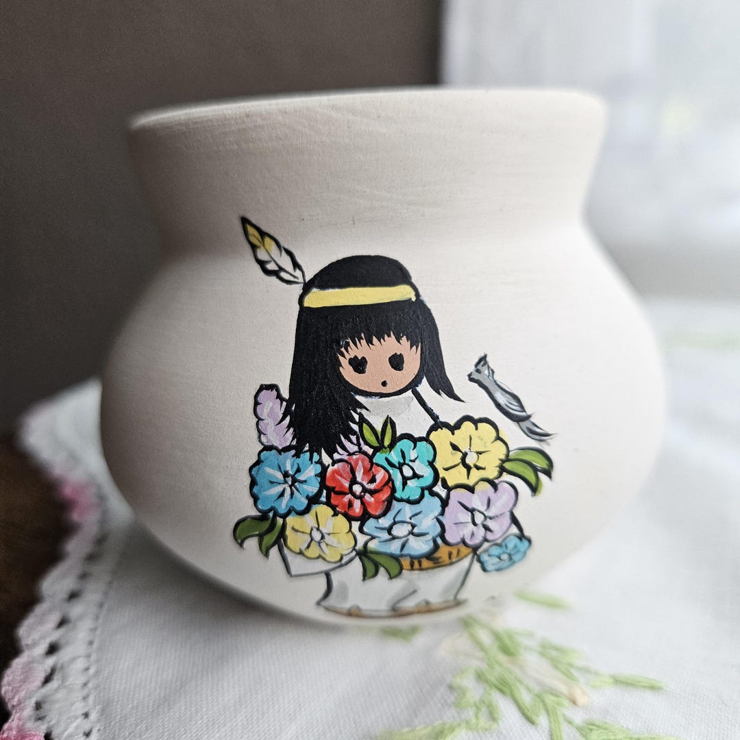 Degrazia Signed Small Pottery Planter | Native American Girl Flowers ...