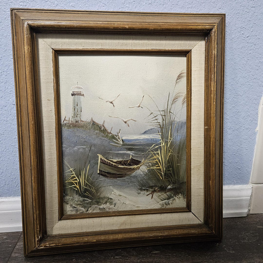 Vintage Oil Painting Signed Howard Gailey Beached Boat & Lighthouse ...