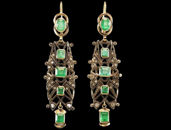 Victorian emeralds diamonds 14K gold Catalan dangle e… - Gem
