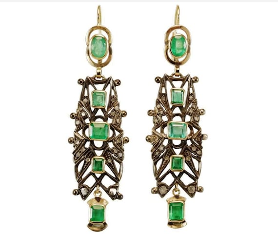 Victorian emeralds diamonds 14K gold Catalan dangle e… - Gem