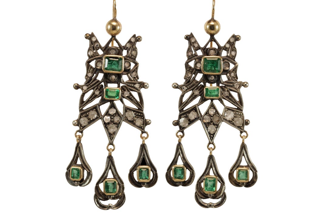 Victorian Emeralds Diamonds 14K Gold Catalan Earrings - Etsy