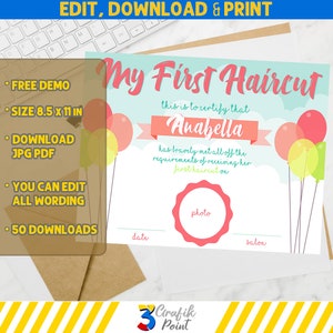 Editable Haircut Award Certificate, 1st Haircut Certificate, Editable ...