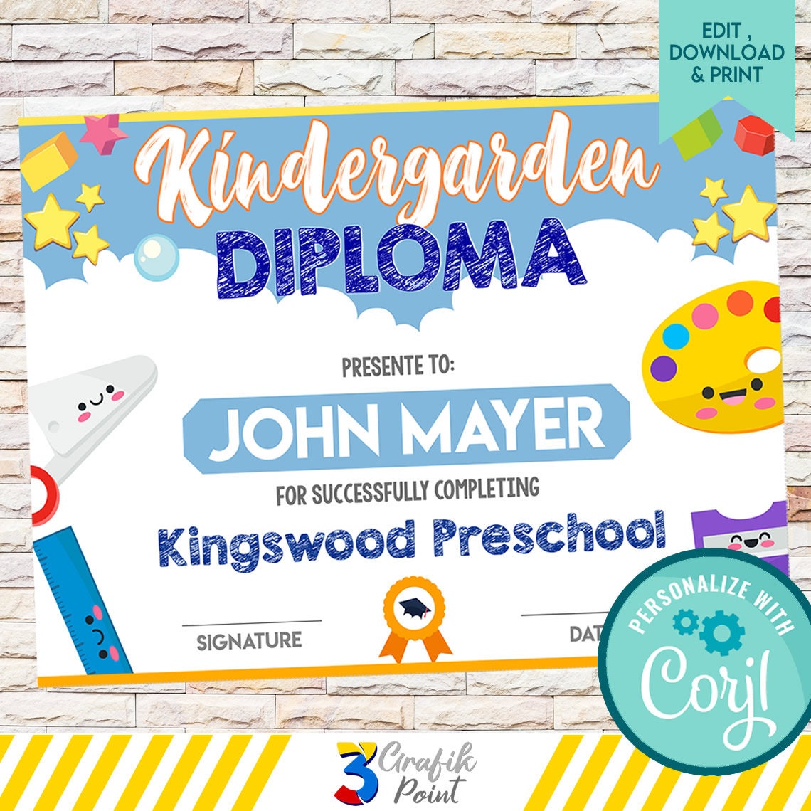 Editable Kindergarten Diploma Certificate Template (digital Download ...