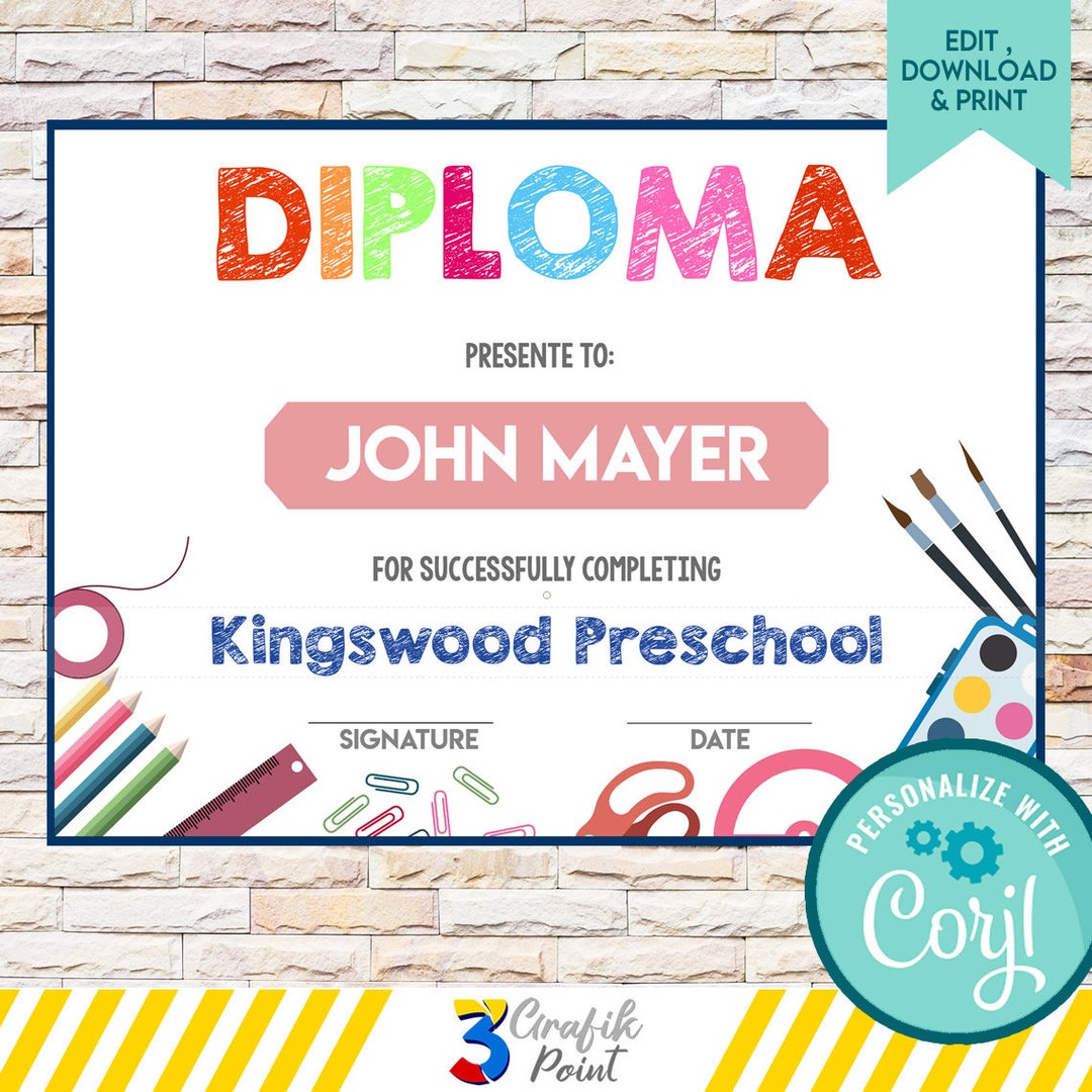 Editable Preschool Award Certificate, Preschool Diploma, Editable Award ...