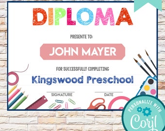 Buy Editable Kindergarten Diploma With Photo, Personalized Graduation ...