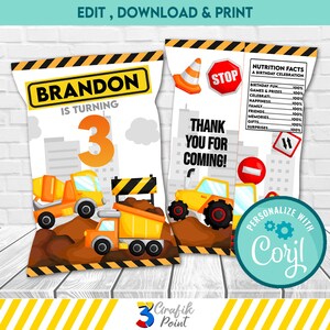3 Pack Construction Truck Chip Bag Template Construction Birthday ...