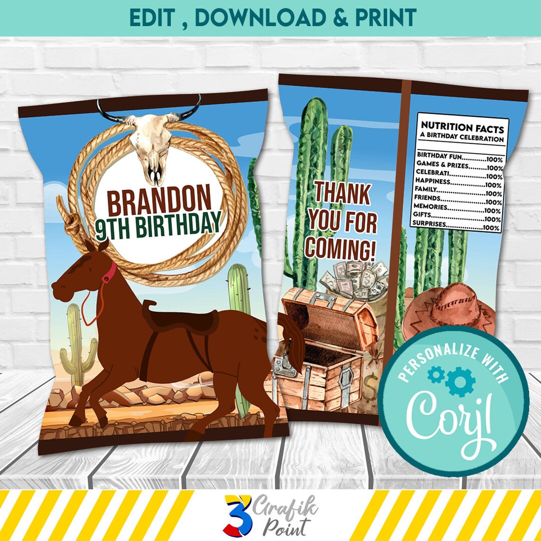 Editable Cowboys Chip Bag Template, Western Chip Bag, Rodeo Birthday ...