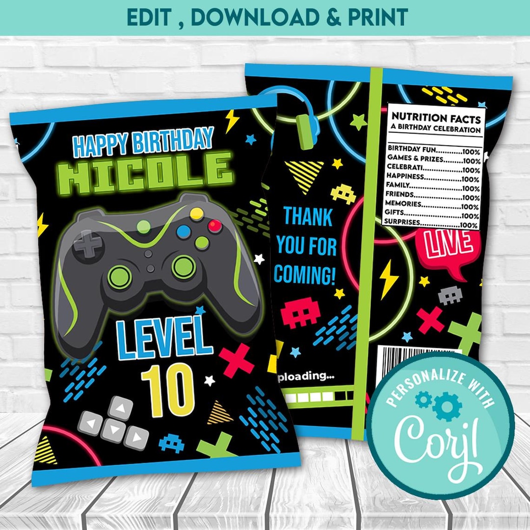 Gamer Birthday Party Chip Bag Template: Video Game Favor Bag (editable ...