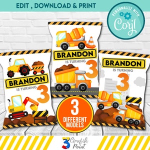 3 Pack Construction Truck Chip Bag Template Construction Birthday ...