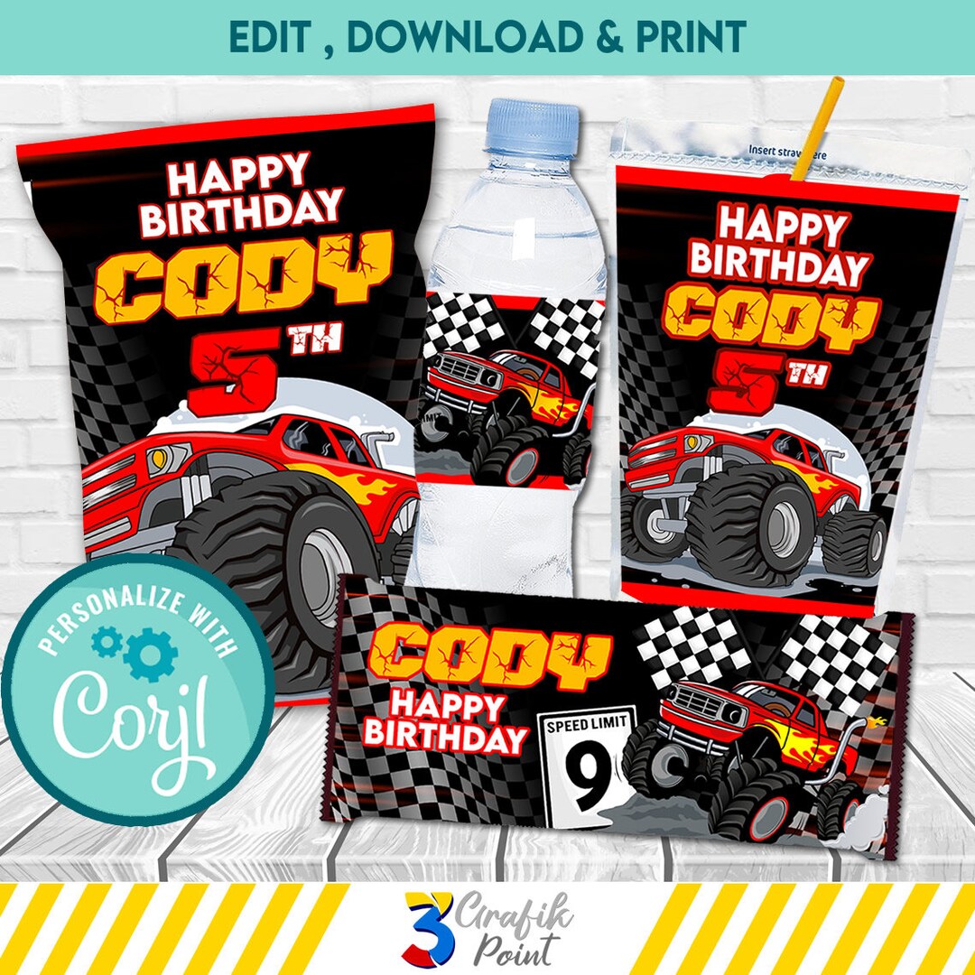 Monster Truck Party Bundle Monster Jam Birthday Editable Templates for ...